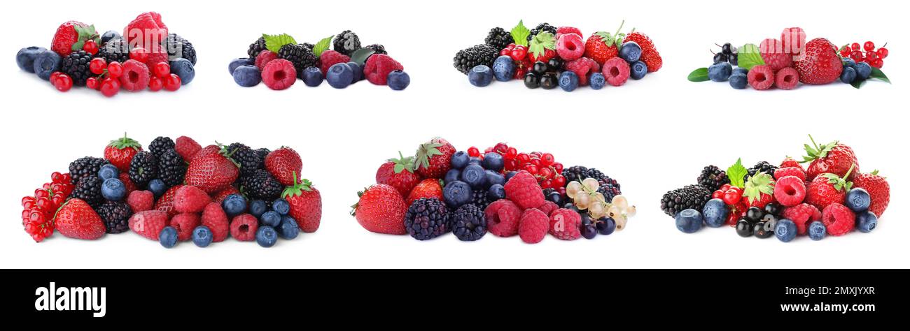 Set of different mixed berries on white background, banner design Stock ...