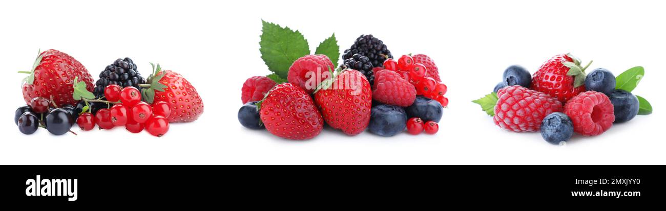Set of different mixed berries on white background, banner design Stock ...