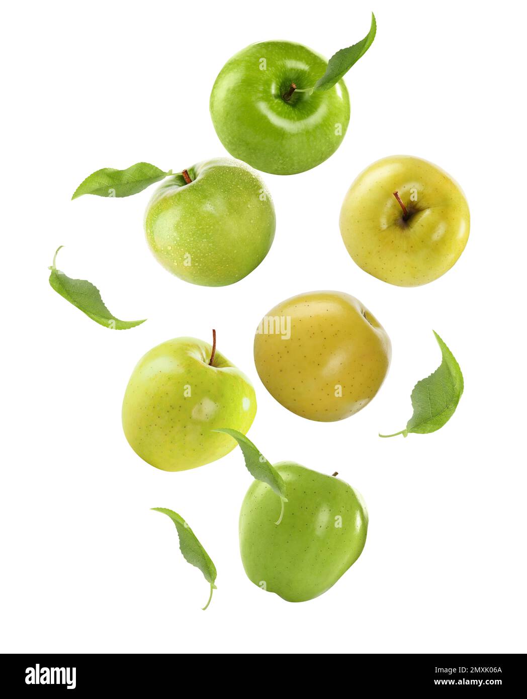 Different ripe apples falling on white background Stock Photo - Alamy