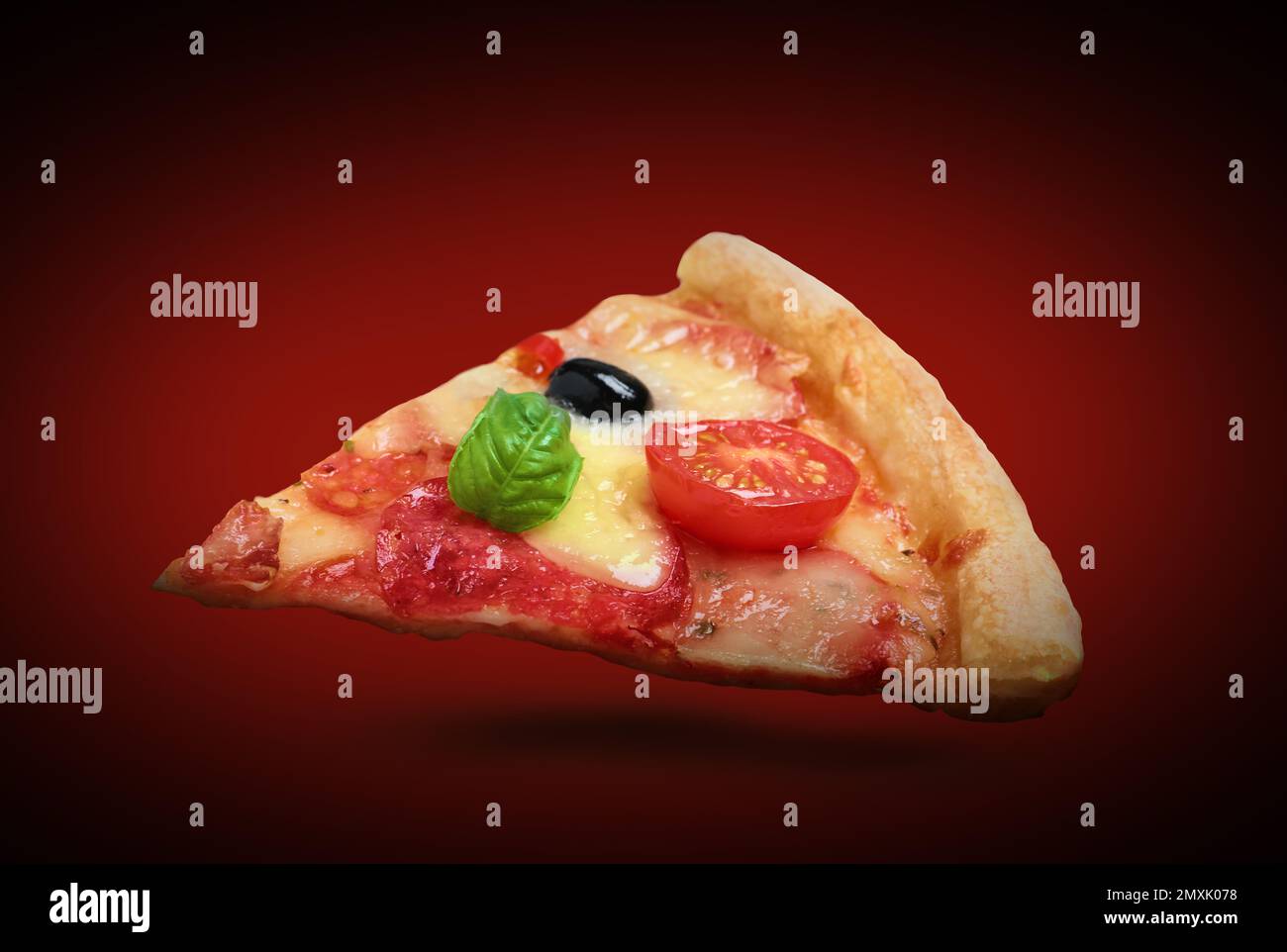 Slice of hot tasty pizza Diablo on dark red background. Image for menu ...