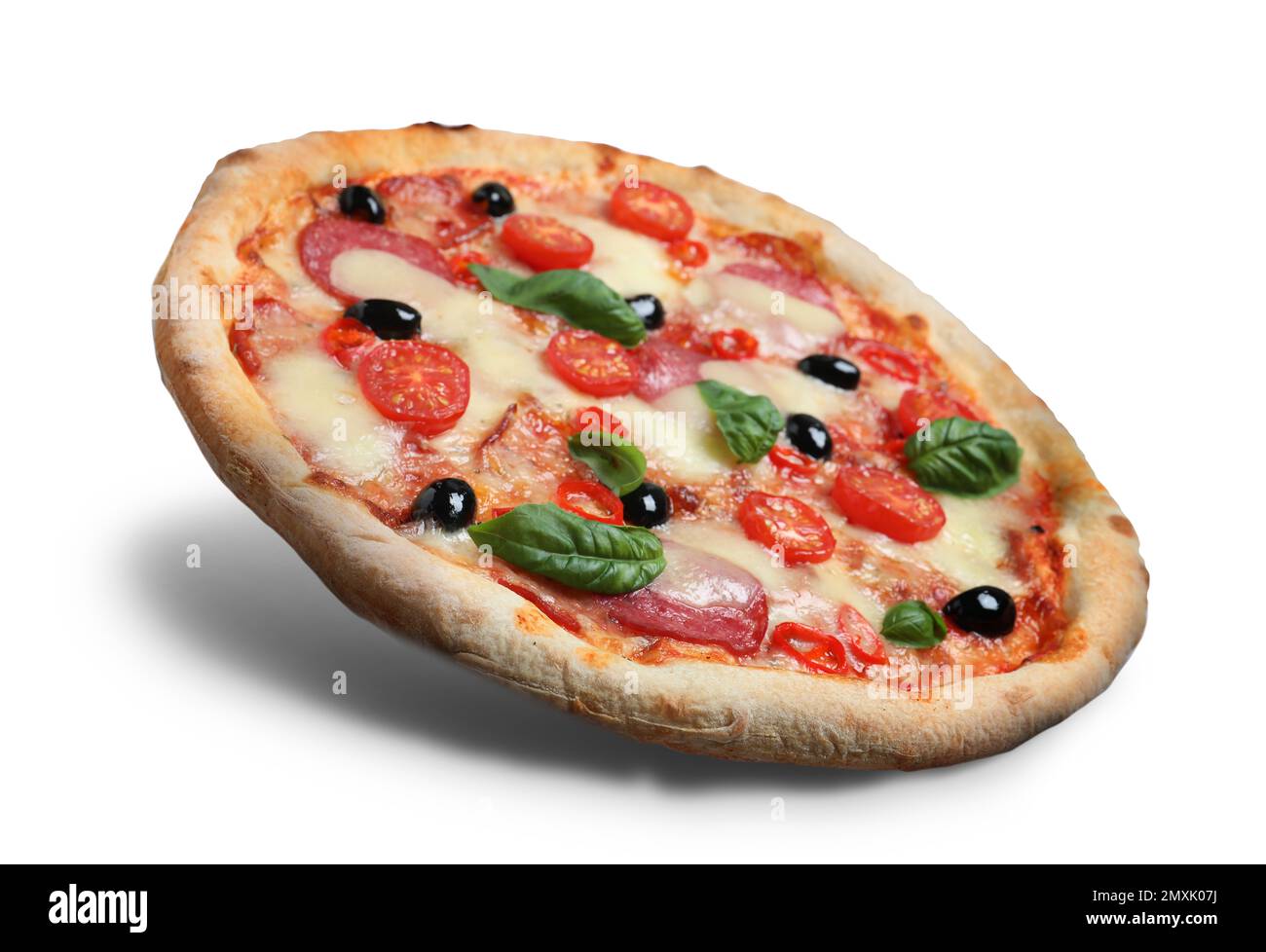 Hot tasty pizza Diablo on white background. Image for menu or poster ...