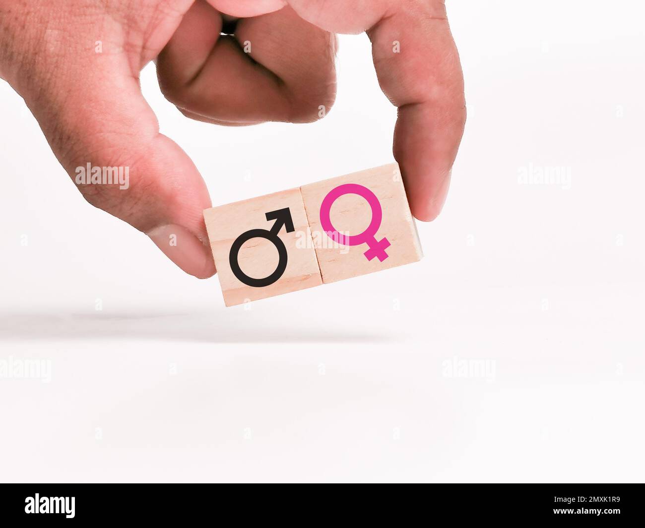 Gender equality concept with hand holding wooden cube Stock Photo - Alamy