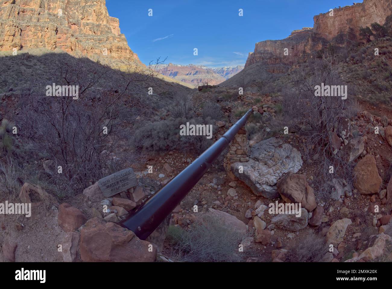 A high pressure water supply pipe along Bright Angel Trail that feeds ...