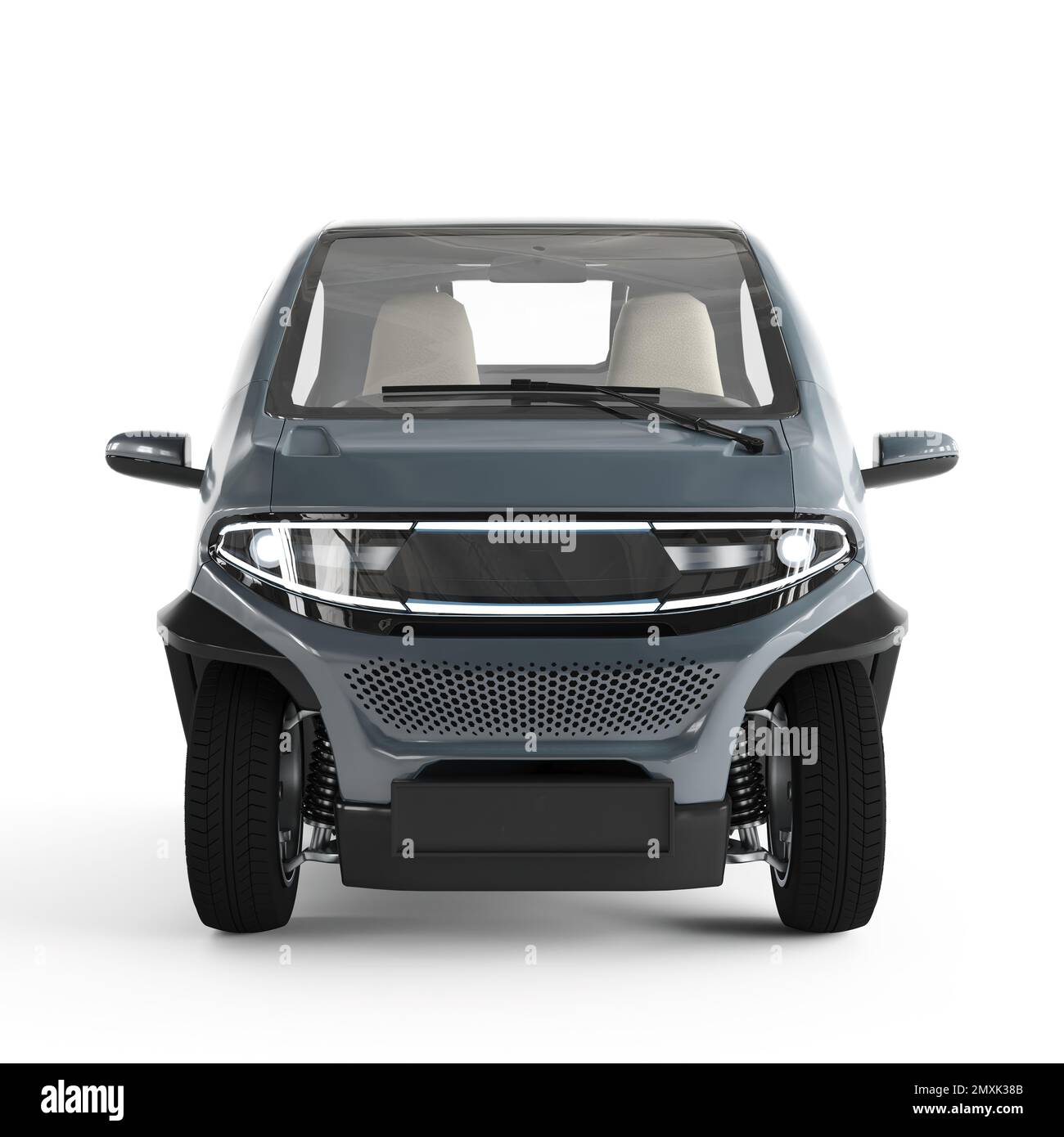 A 3D rendering of a small gray color electric car on white background ...