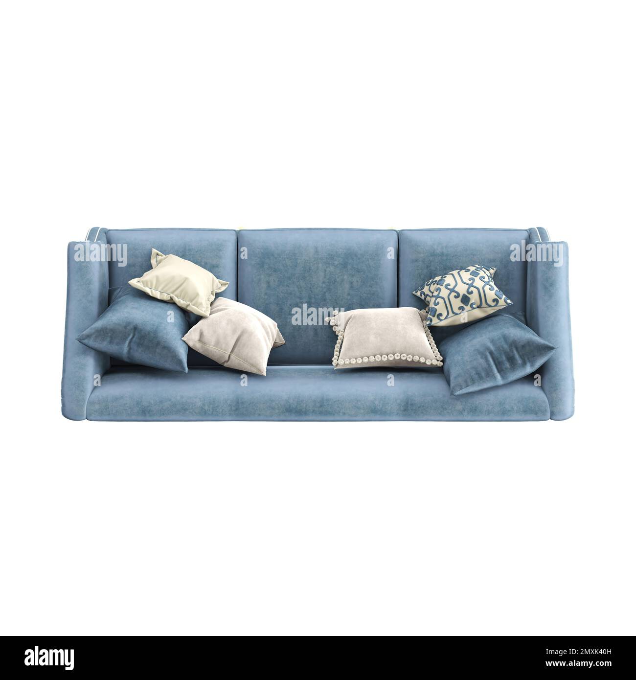 A top view of a blue fabric couch with pillows isolated on white ...