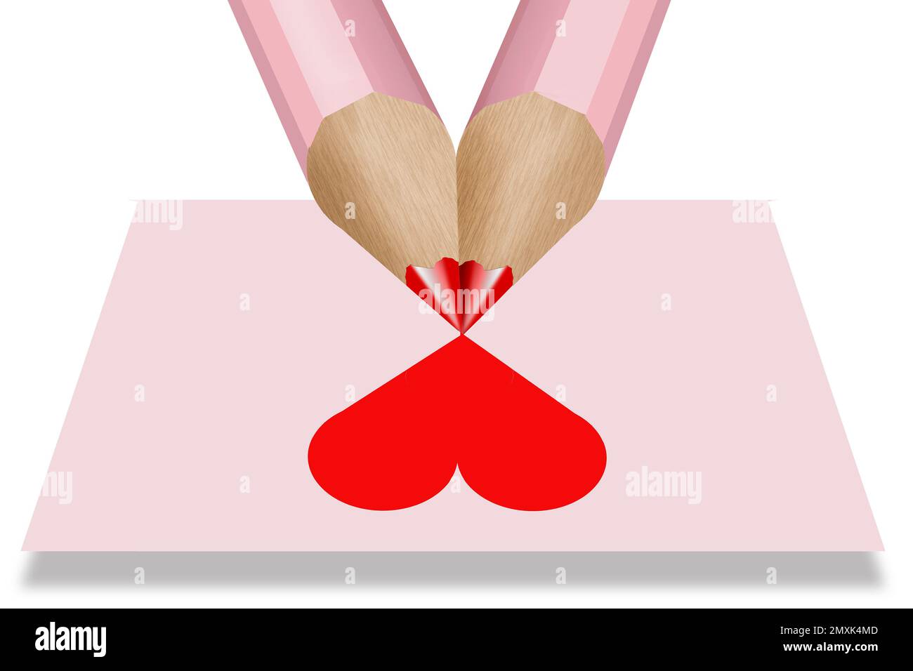 Pencil points come together to make a heart shape as red pencil lead ...