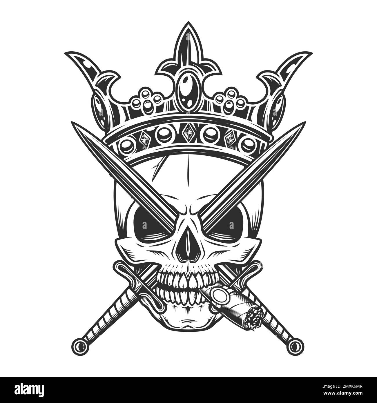 Skull smoking cigar or cigarette smoke in crown king with crossed ...