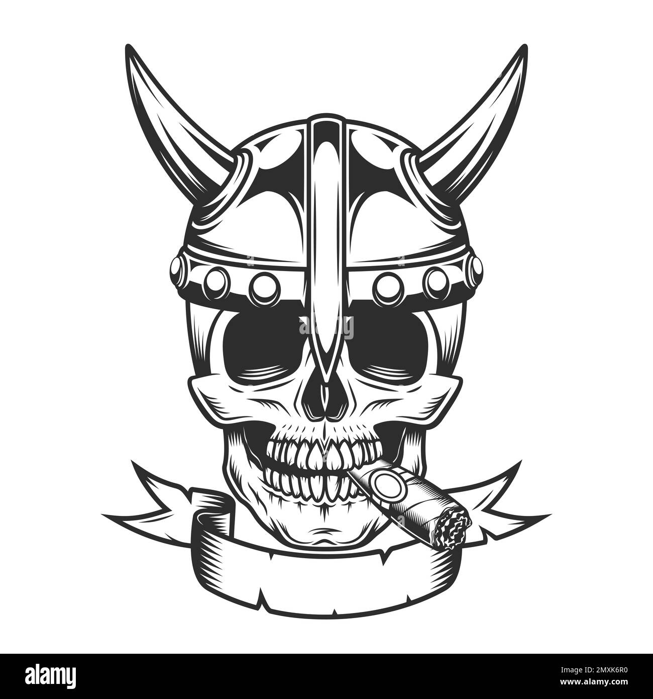 Viking vintage emblem with skull smoking cigar or cigarette smoke ...