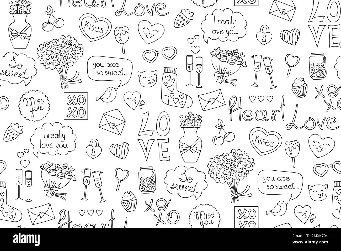 Valentines day linear doodle seamless pattern. Romantic background for ...