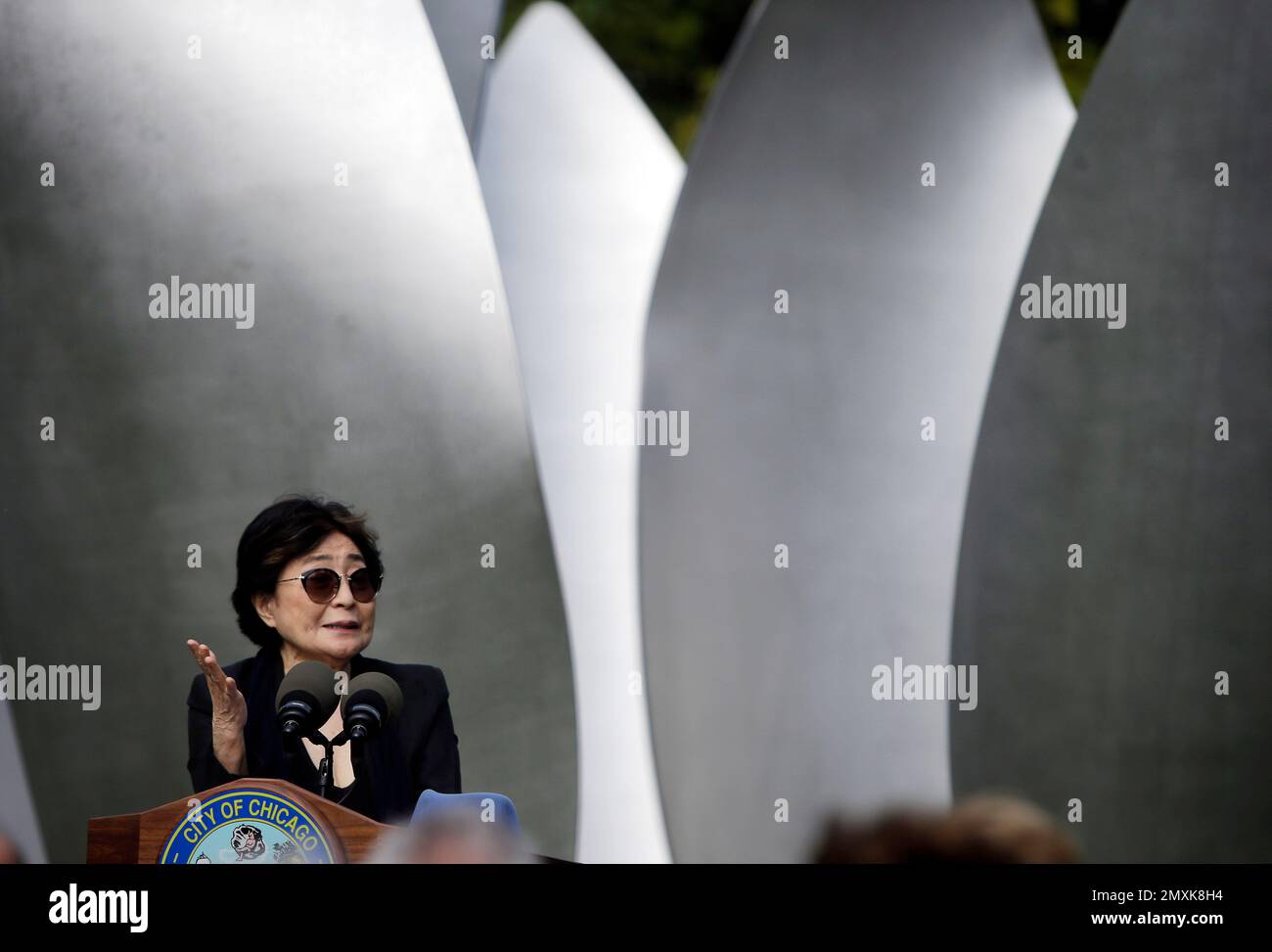 Yoko Ono speaks during the dedication ceremony for her permanent art ...