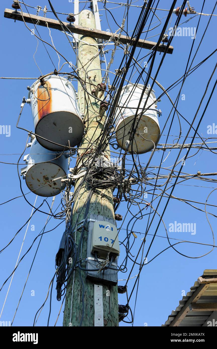 Tangle of knotted power cables on power distribution pole, Philippines ...