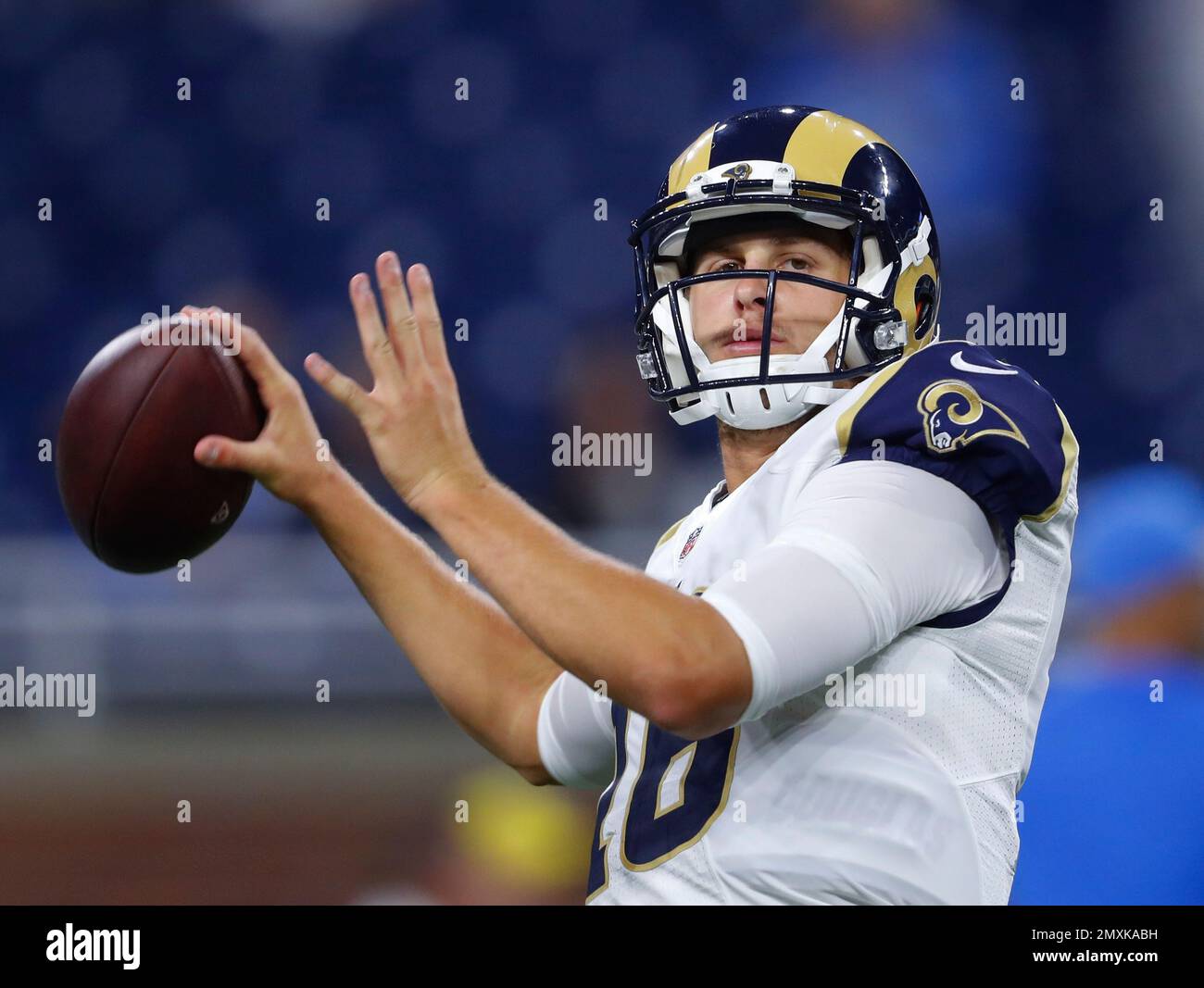 Los Angeles Rams quarterback Jared Goff throws before an NFL football ...