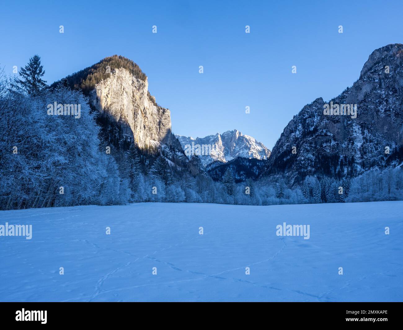 Winter landscape, Gesäuse entrance, Großer Ödstein in the back, Gesäuse ...