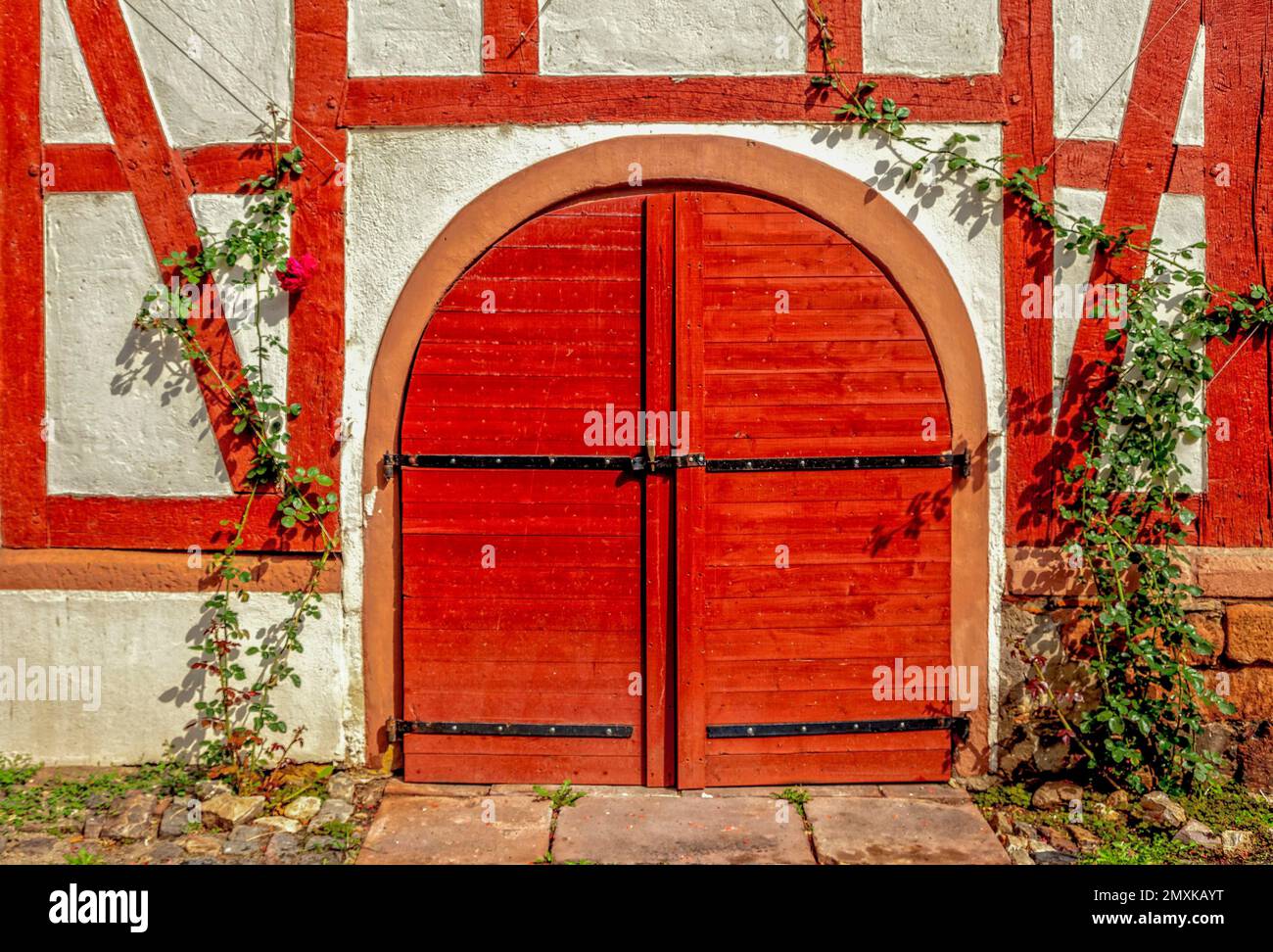 Red wooden gate on a half-timbered house, Berlin, Germany, Europe Stock ...