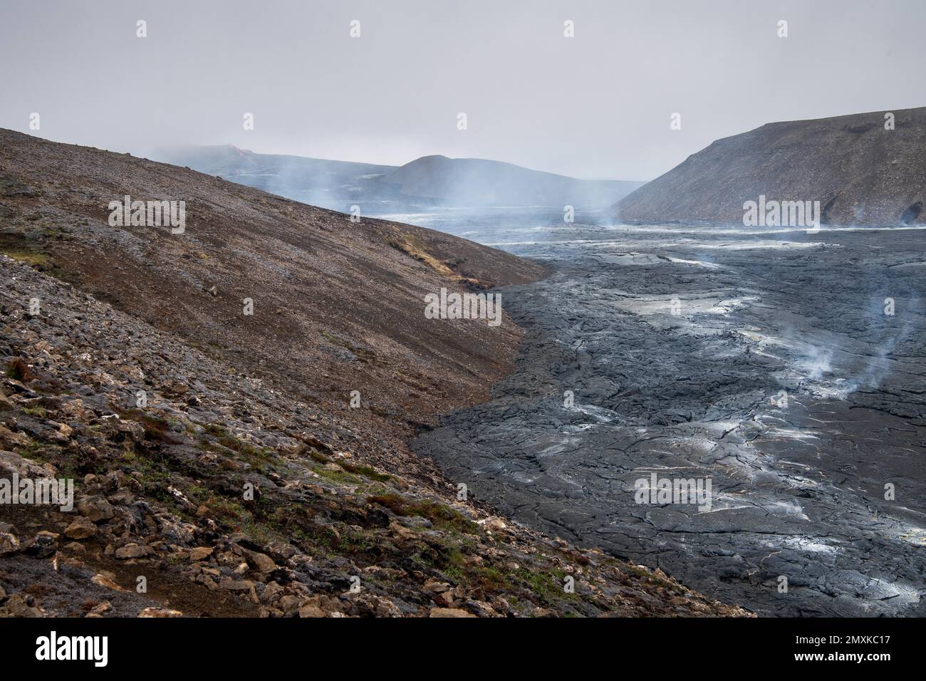 Smoking lava flows at the table volcano Fagradalsfjall, Krýsuvík ...