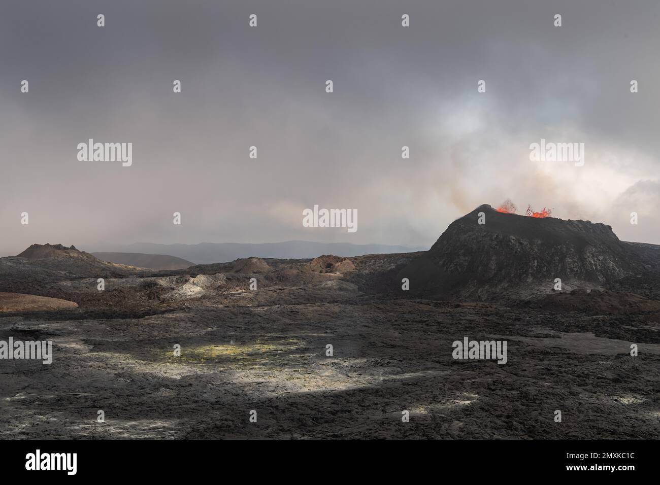 Lava spurting out of craters, sulphur deposits and cooled lava flows ...