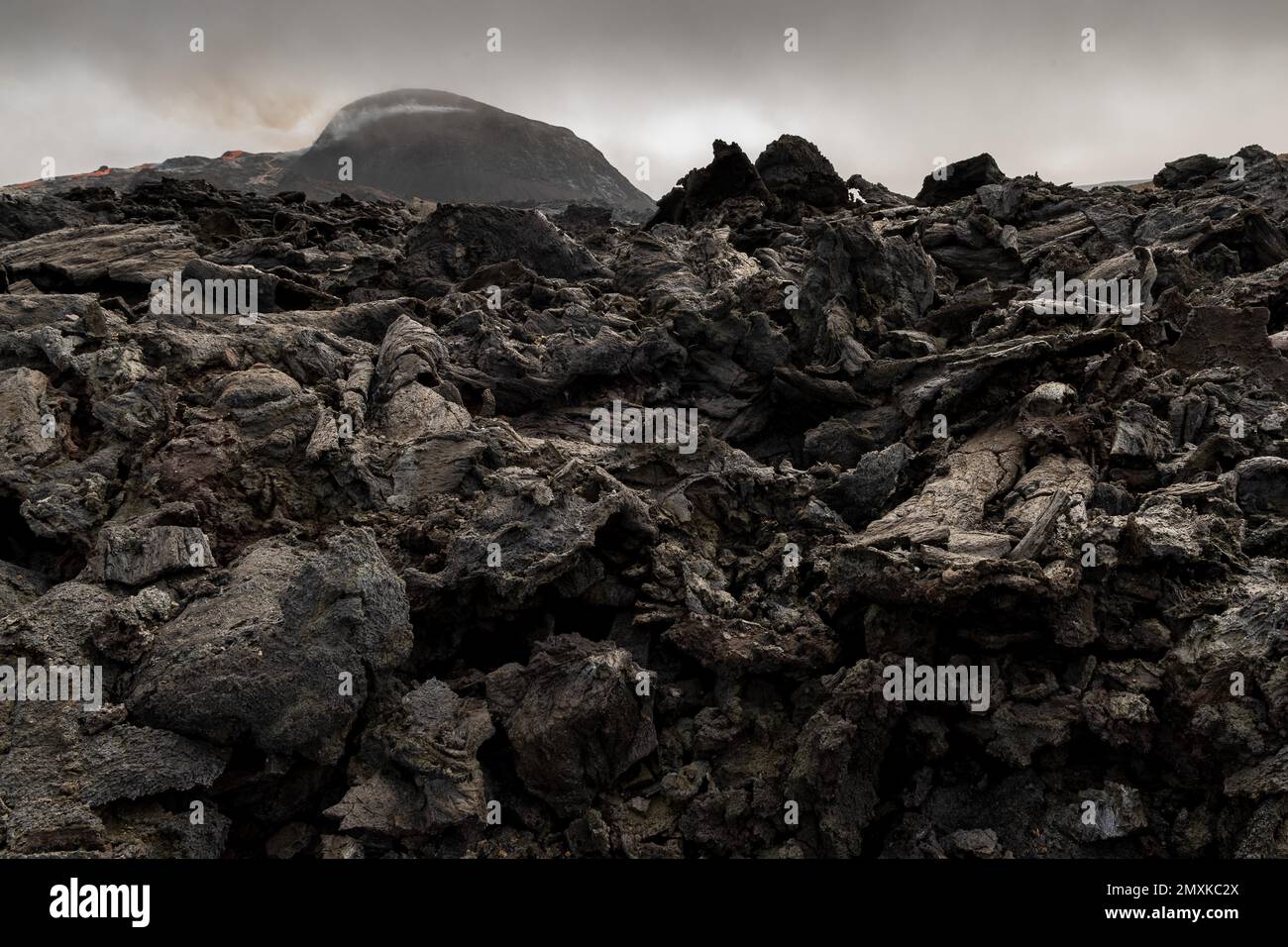 Cooled lava flows, active crater Crater, Fagradalsfjall mesa volcano ...