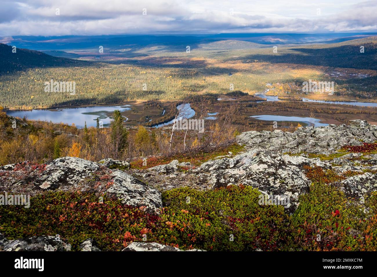 Autumn landscape, view from Mount Nammasj, Kvikkjokk Delta, Sarek ...