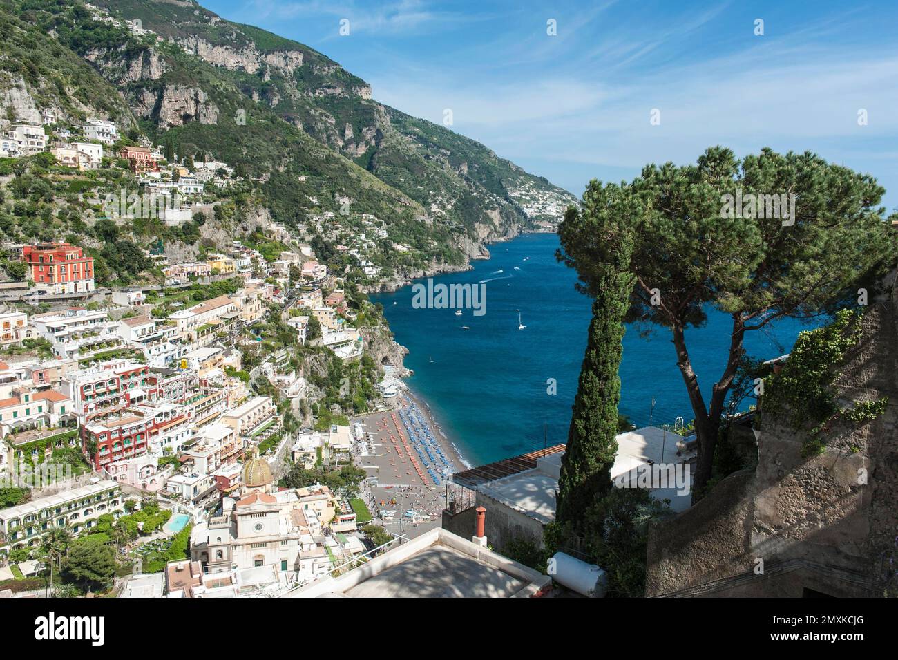 View of Positano, city view, columnar cypress or mediterranean cypress ...