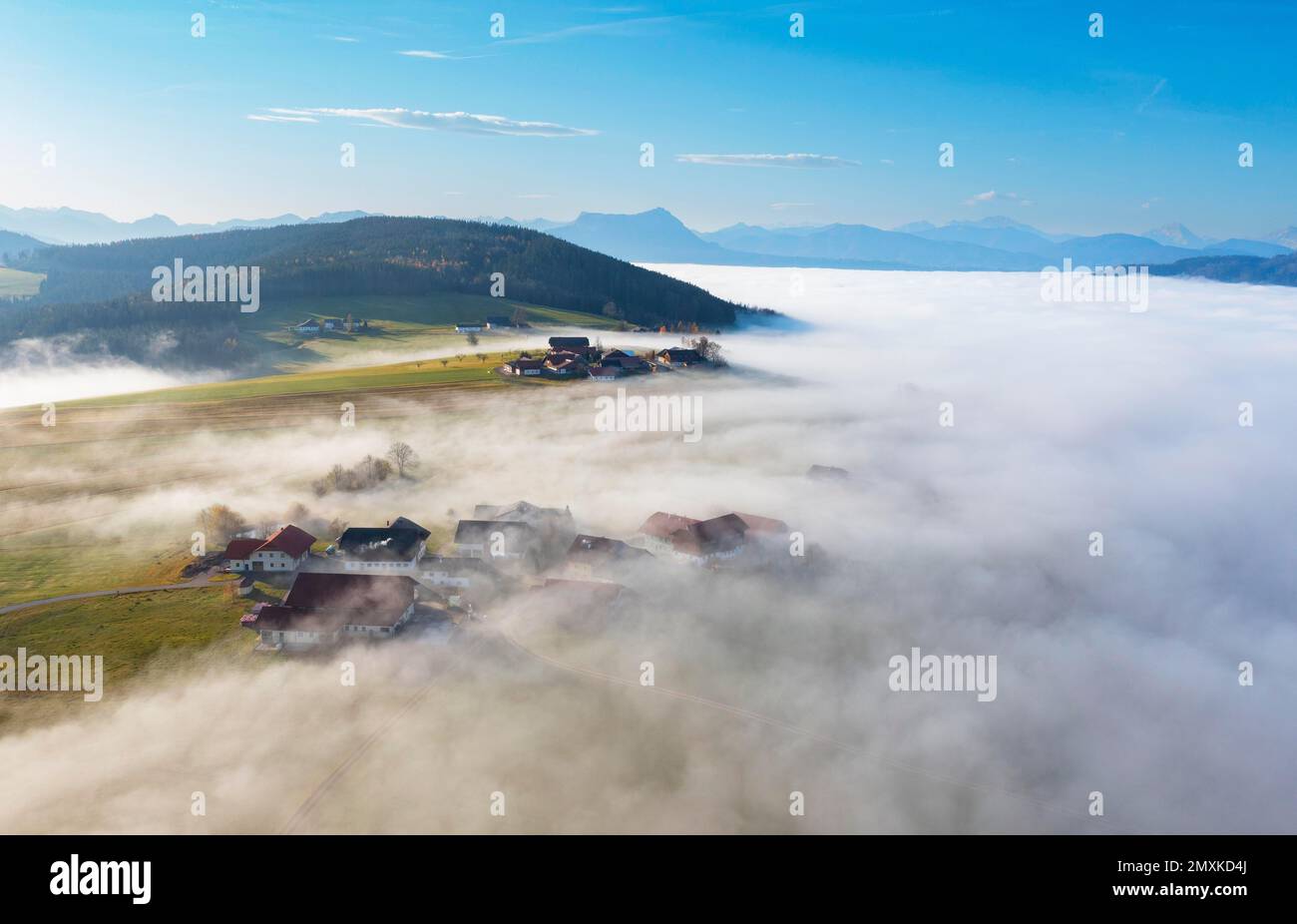 Drone image, agricultural landscape with farms rising from the ground ...
