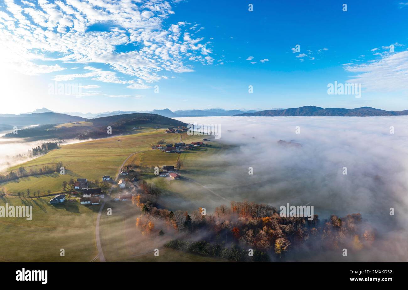 Drone image, agricultural landscape with farms rising from the ground ...