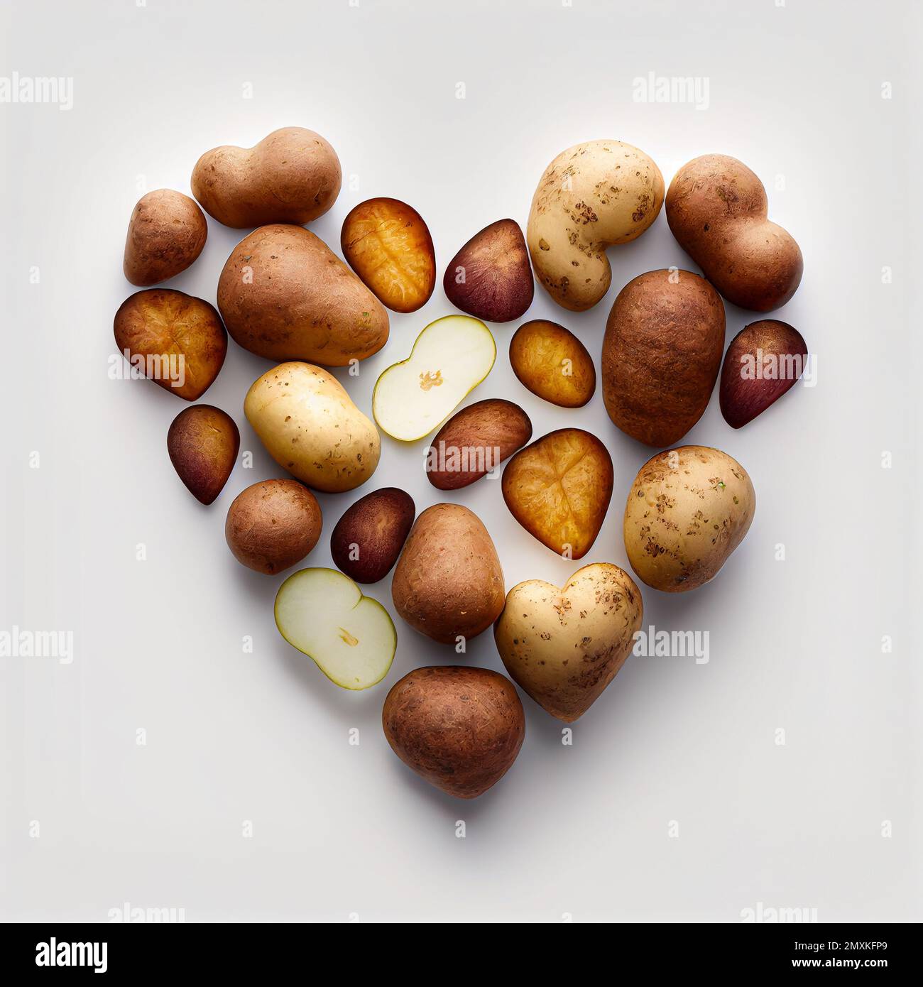 Oil painting style, group of potatoes be arrange in heart shape on ...