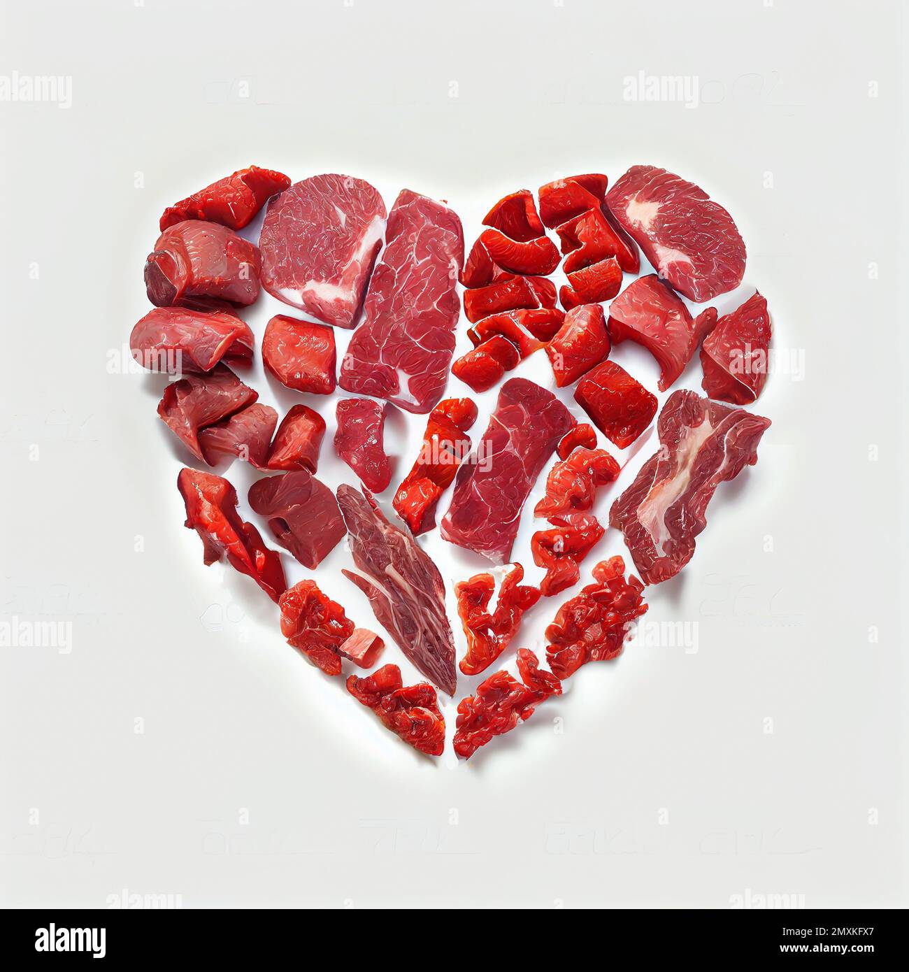 Drawing style, group of raw red beef meats be arrange in heart shape on ...