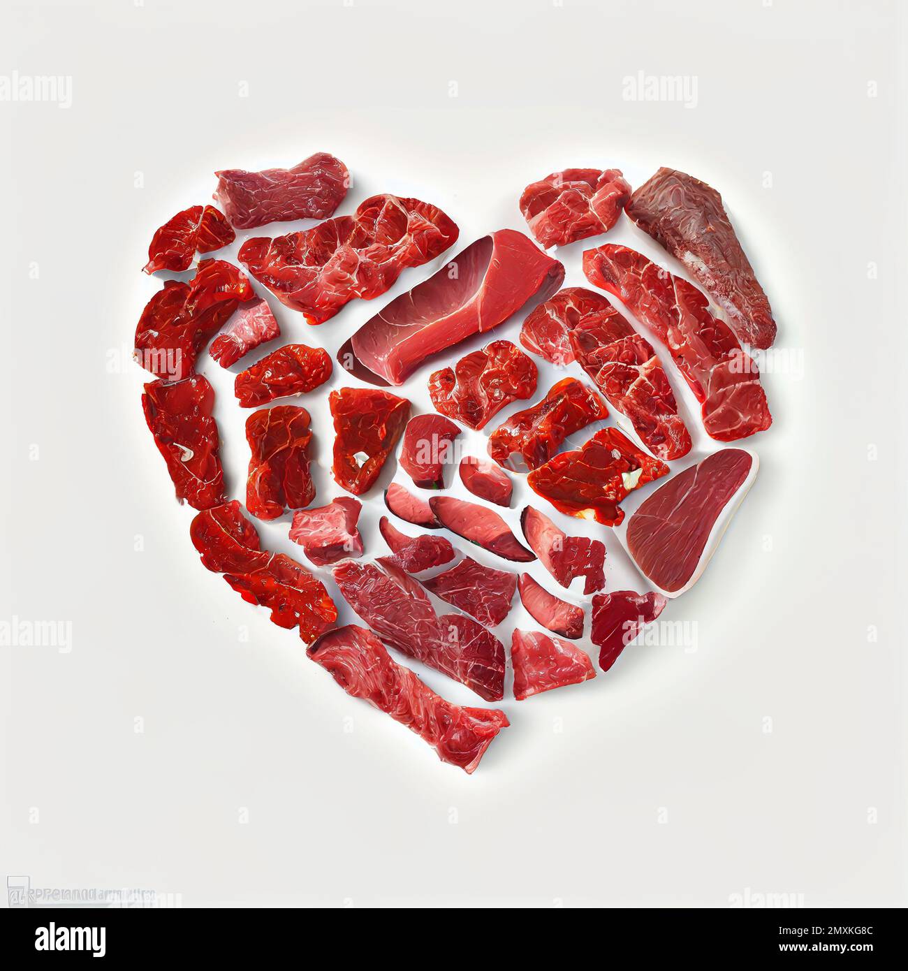 Drawing style, group of raw red beef meats be arrange in heart shape on ...