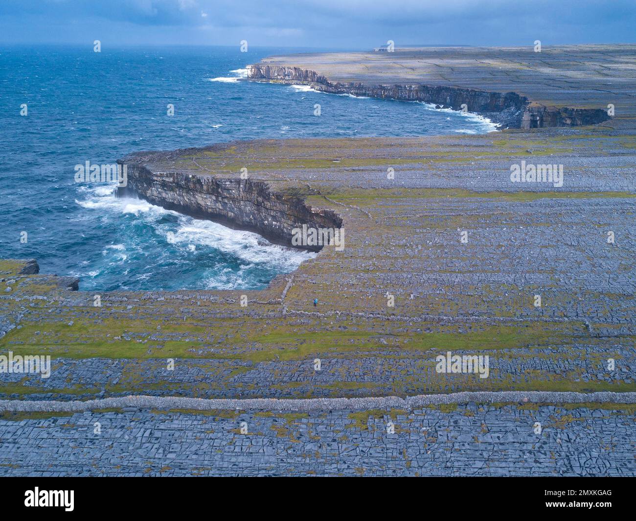 Aerial view, karst landscape and steep cliffs of the Aran Islands ...