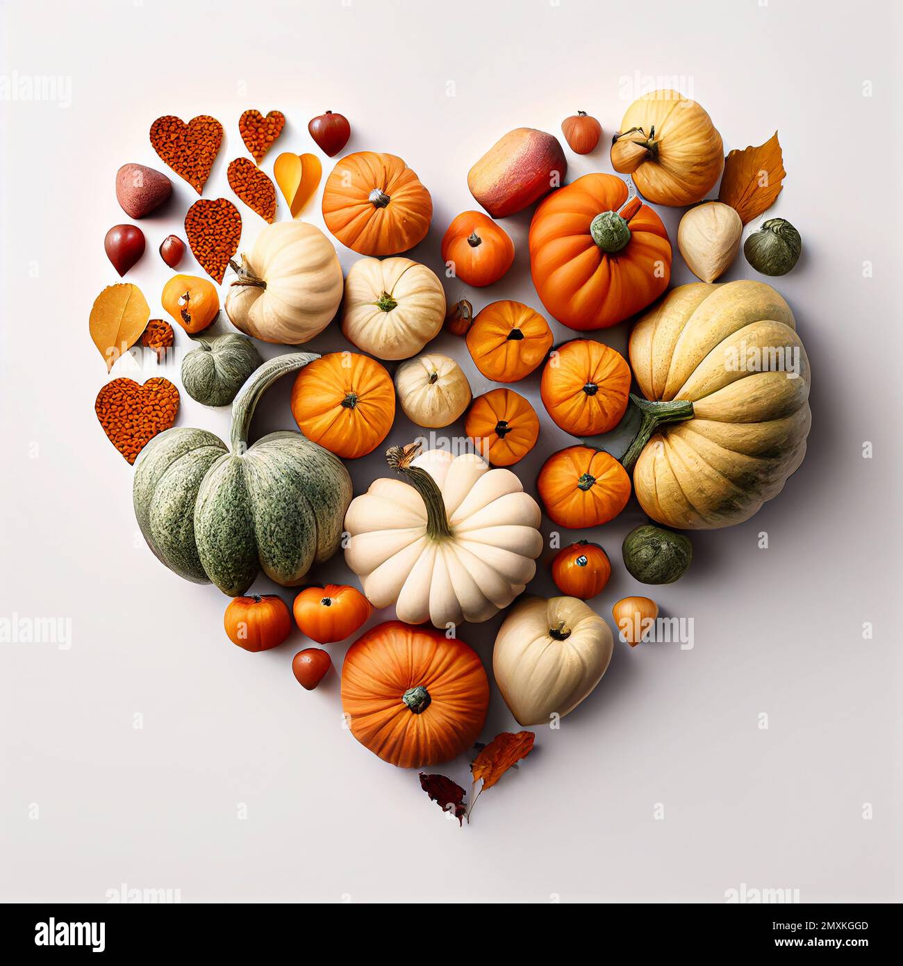 Group of pumpkins be arrange in heart shape on white background ...