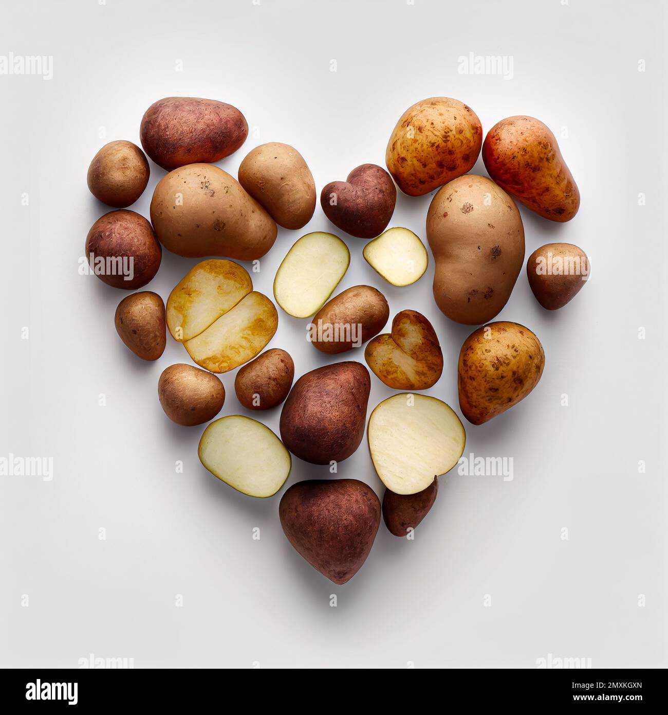 Oil painting style, group of potatoes be arrange in heart shape on ...