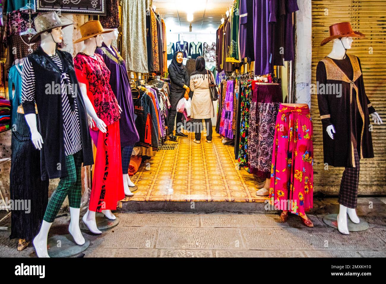 Colourful clothing shops, The Grand Bazaar, Isfahan, Isfahan, Iran ...