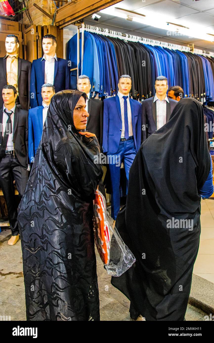 Colourful clothing shops, The Grand Bazaar, Isfahan, Isfahan, Iran ...