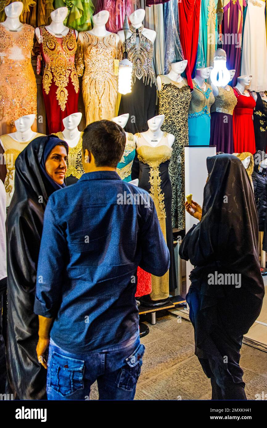 Colourful clothing shops, The Grand Bazaar, Isfahan, Isfahan, Iran ...