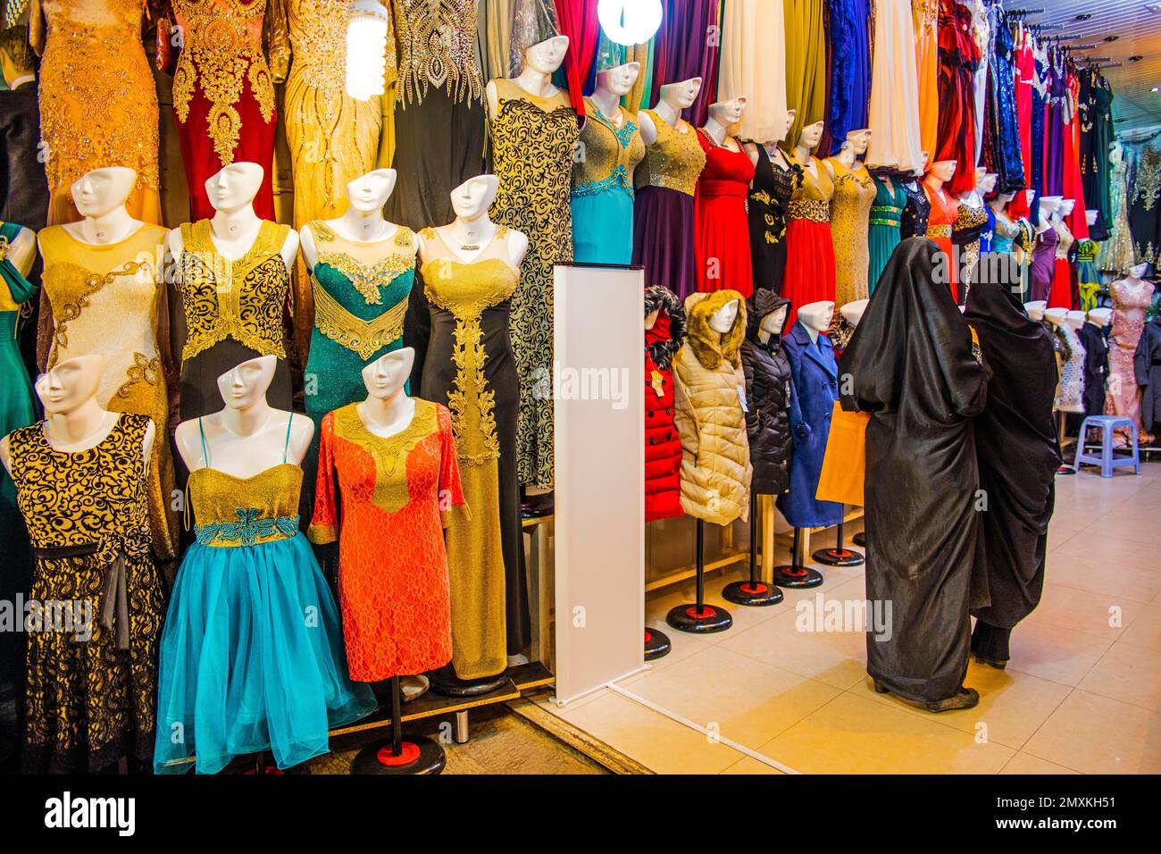 Colourful clothing shops, The Grand Bazaar, Isfahan, Isfahan, Iran ...