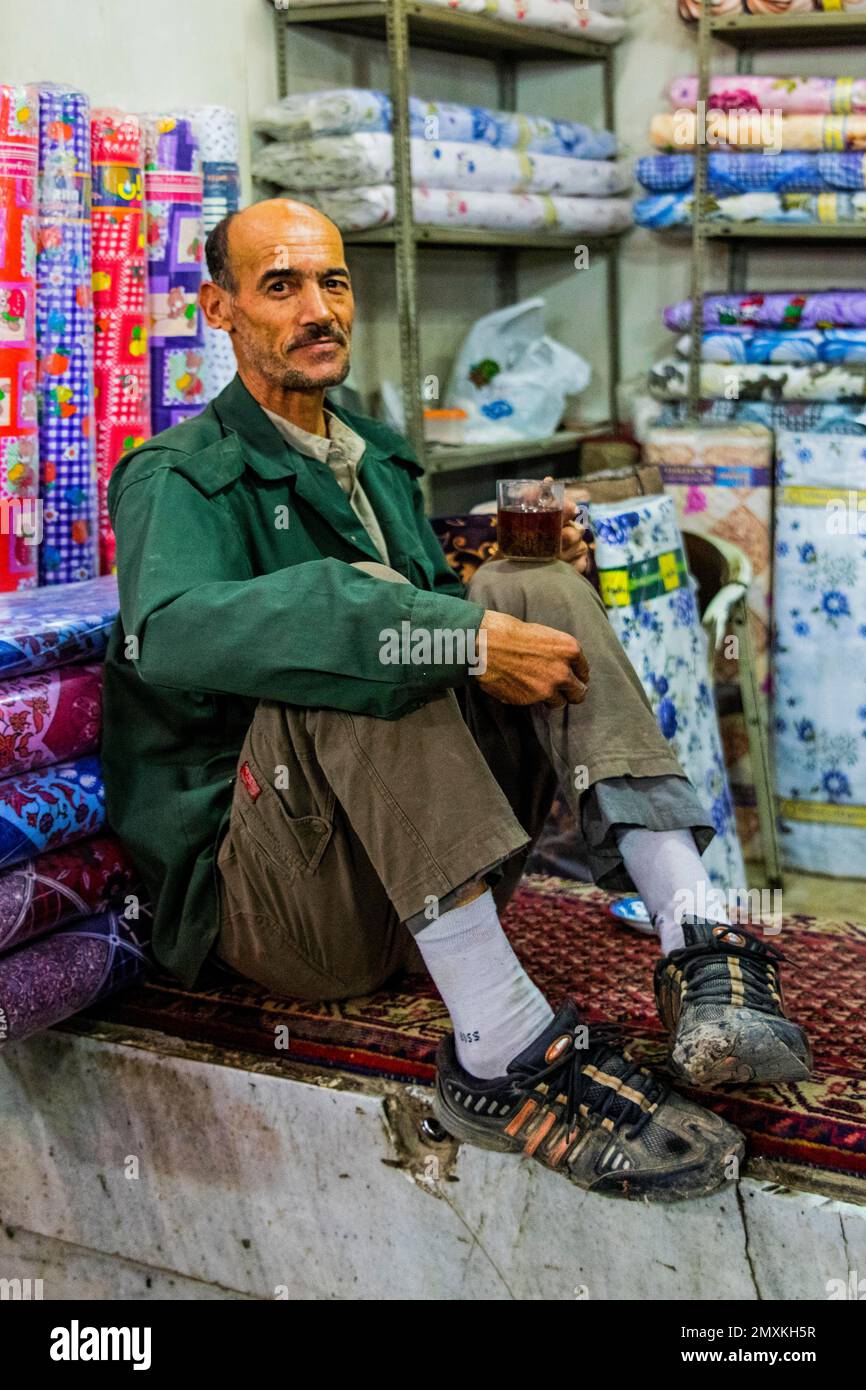 Colourful clothing shops, The Grand Bazaar, Isfahan, Isfahan, Iran ...
