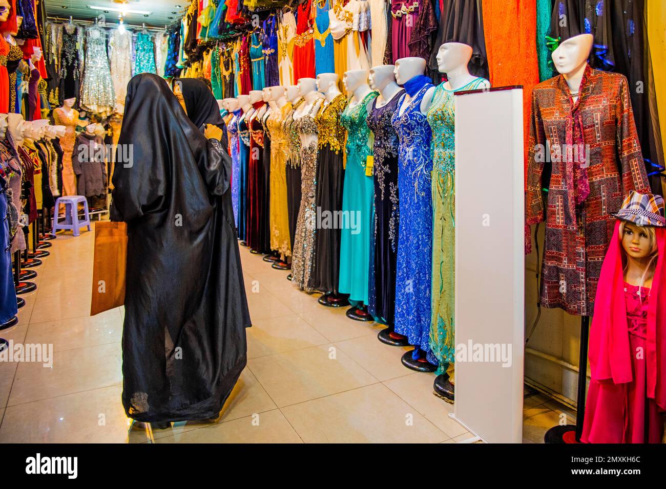 Colourful clothing shops, The Grand Bazaar, Isfahan, Isfahan, Iran ...