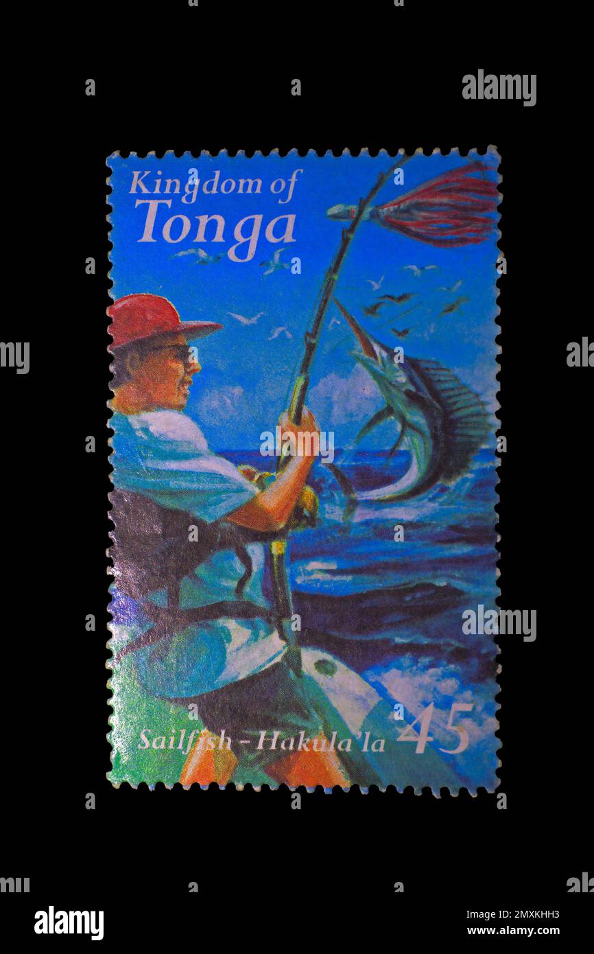Stamp from the Kingdom of Tonga with a deep-sea angler catching a ...