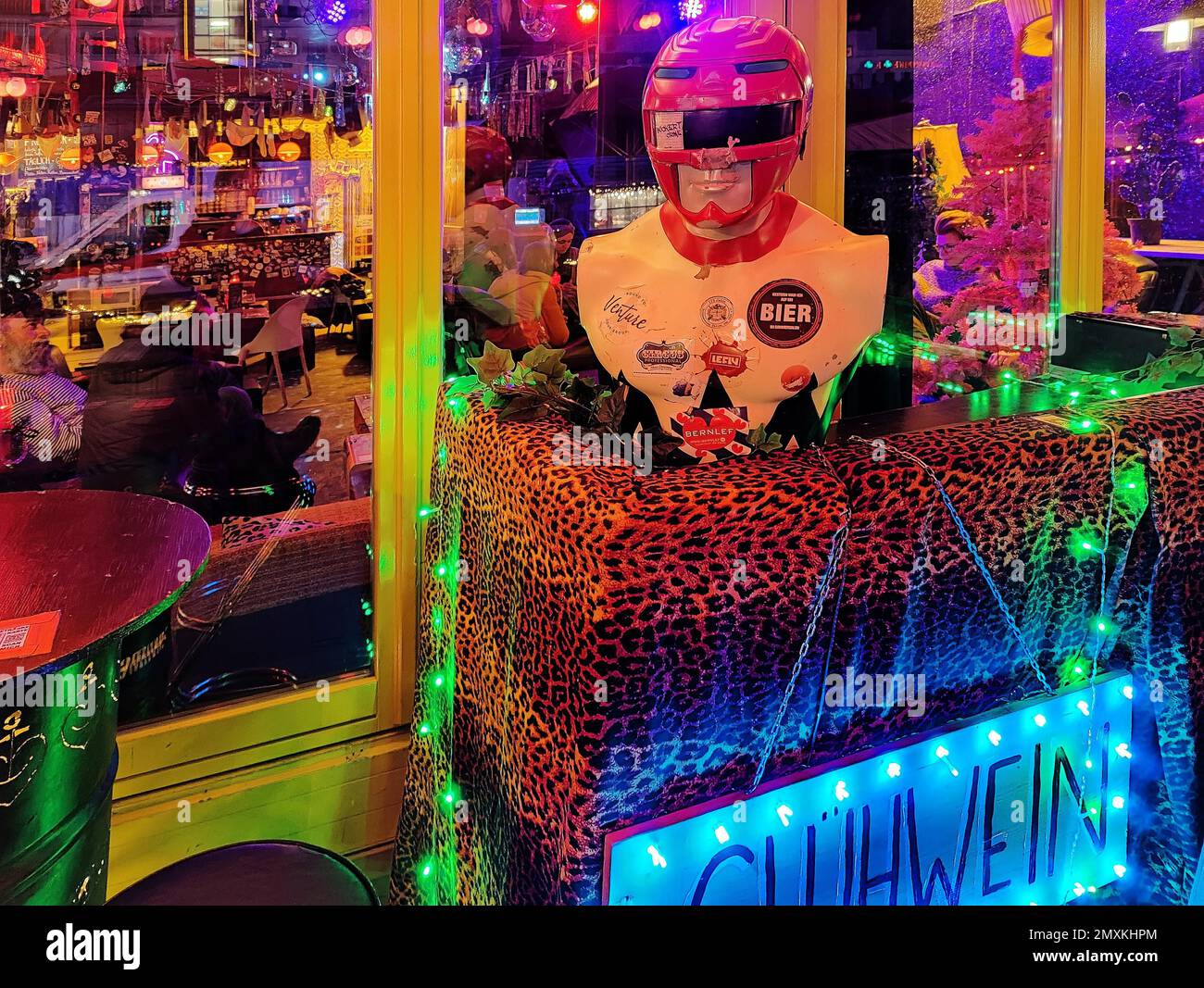 Neon-coloured nightlife in a pub on the Reeperbahn, St. Pauli, Hamburg ...