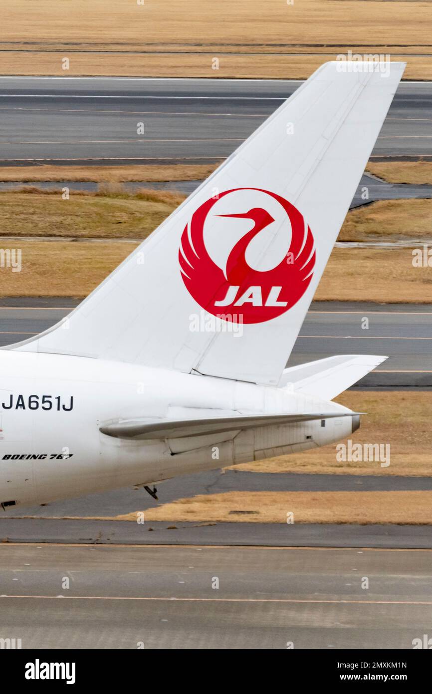 Tokyo, Japan. 2nd Feb, 2023. The empennage tail of a Japan Airlines ...