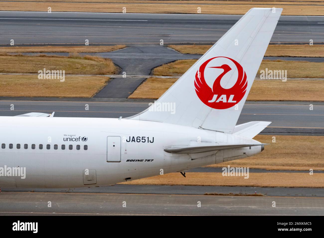 Tokyo, Japan. 2nd Feb, 2023. The empennage tail of a Japan Airlines ...