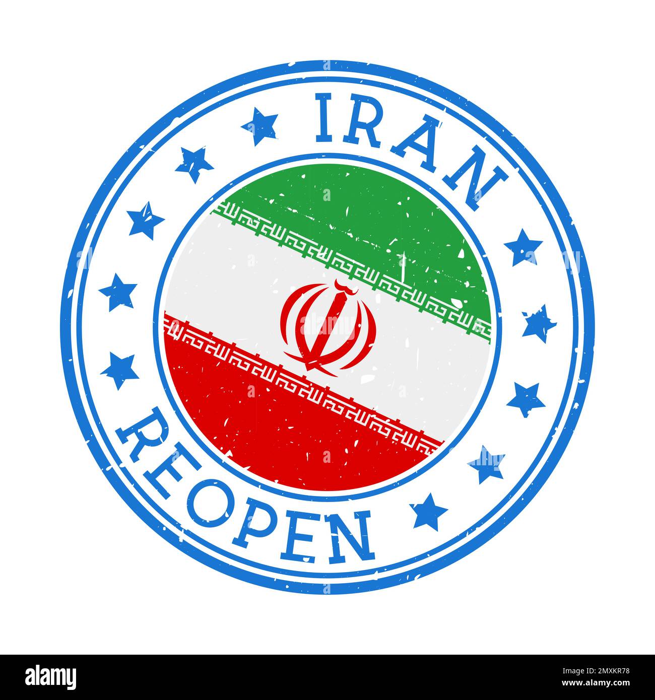 Iran Reopening Stamp. Round badge of country with flag of Iran ...