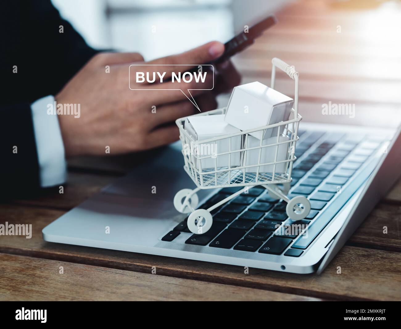 Shop now, text in speech bubble appear on white shopping trolley cart ...