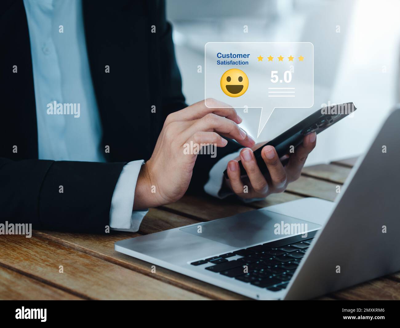 Customer review, satisfaction, feedback, survey concepts. The User giving 5 stars point rating ...