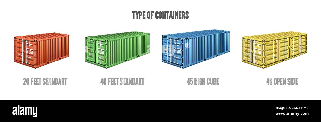 Colourful cargo containers types of different size realistic set ...
