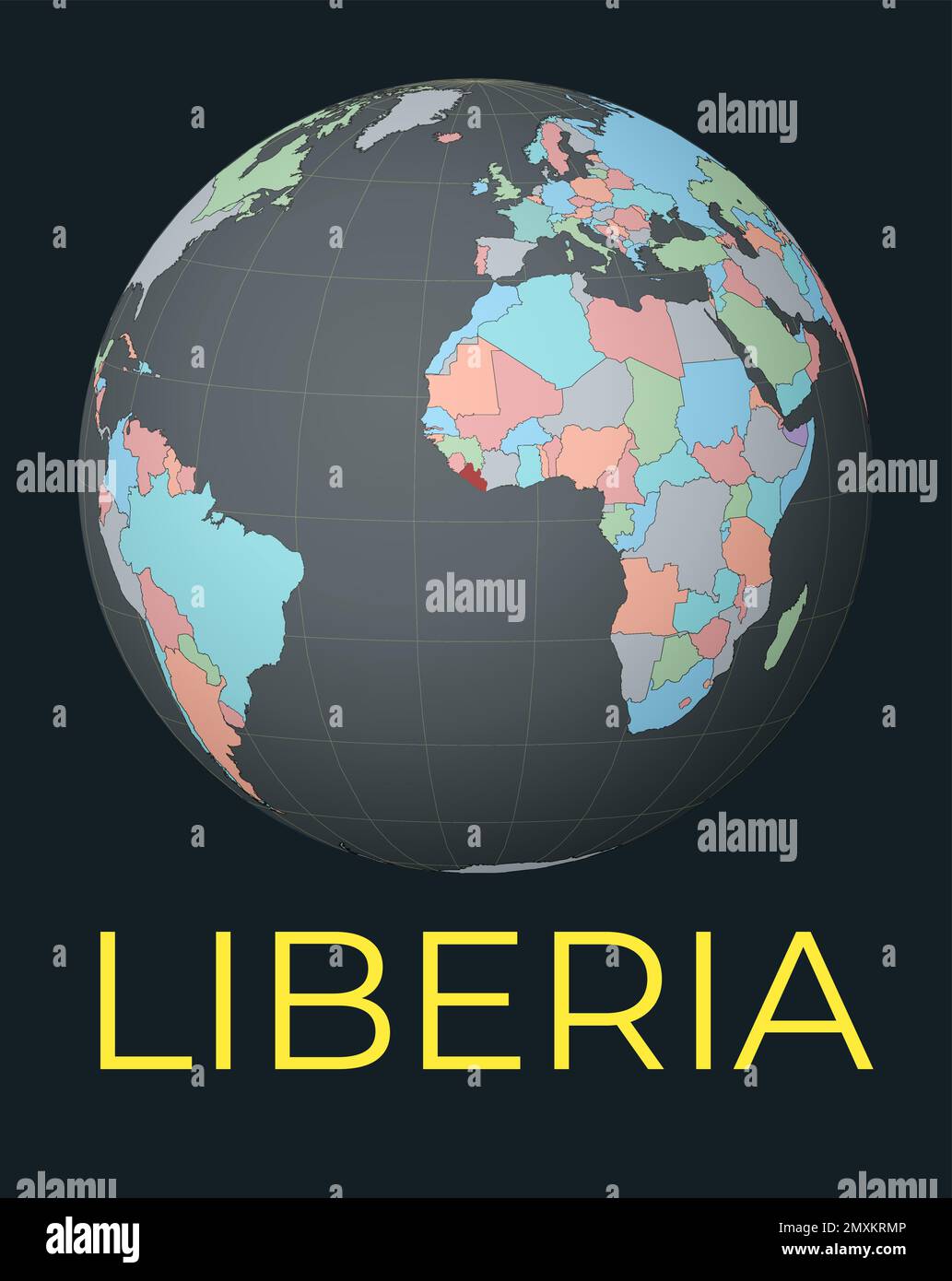 World map centered on Liberia. Red country highlighted. Satellite world ...