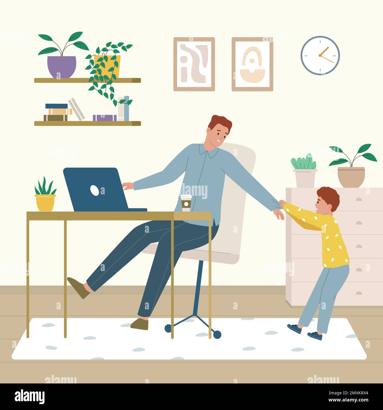 Tired parents flat composition with father distracted by child vector ...