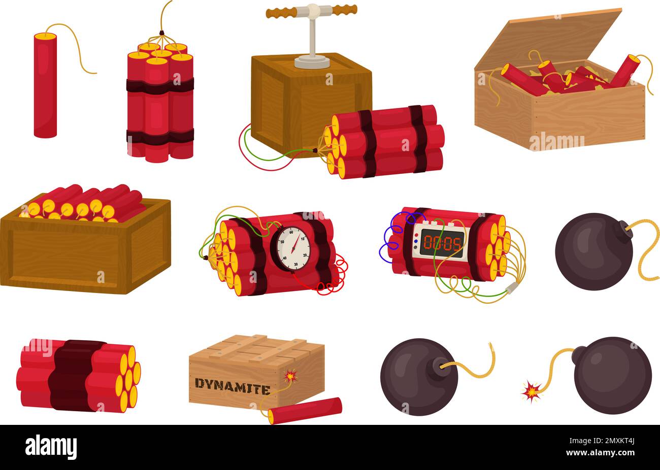 Dynamite bomb flat set with isolated icons of round bombs and boxes ...