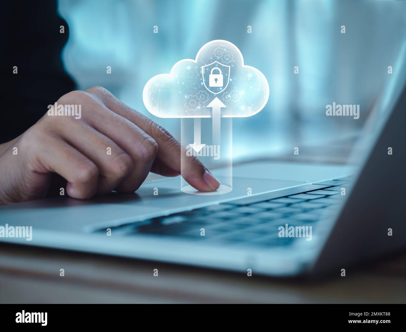 Cloud computing technology management concept. Cloud with digital lock icons appearing while ...