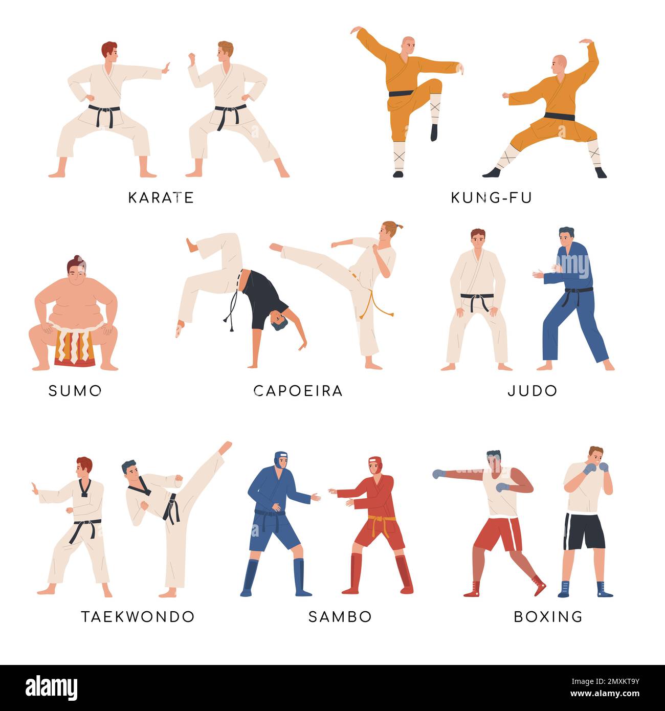 Fighters flat icons set with karate taekwondo and other martial arts sportsmen isolated vector ...